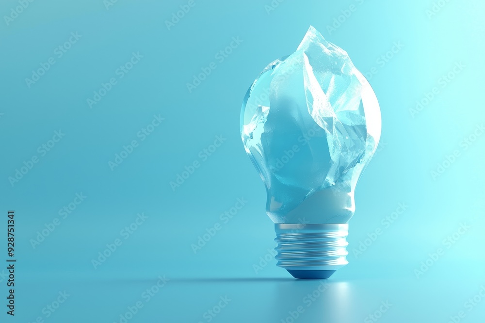 A creative light bulb concept with icebergs and water. Melting glaciers ...