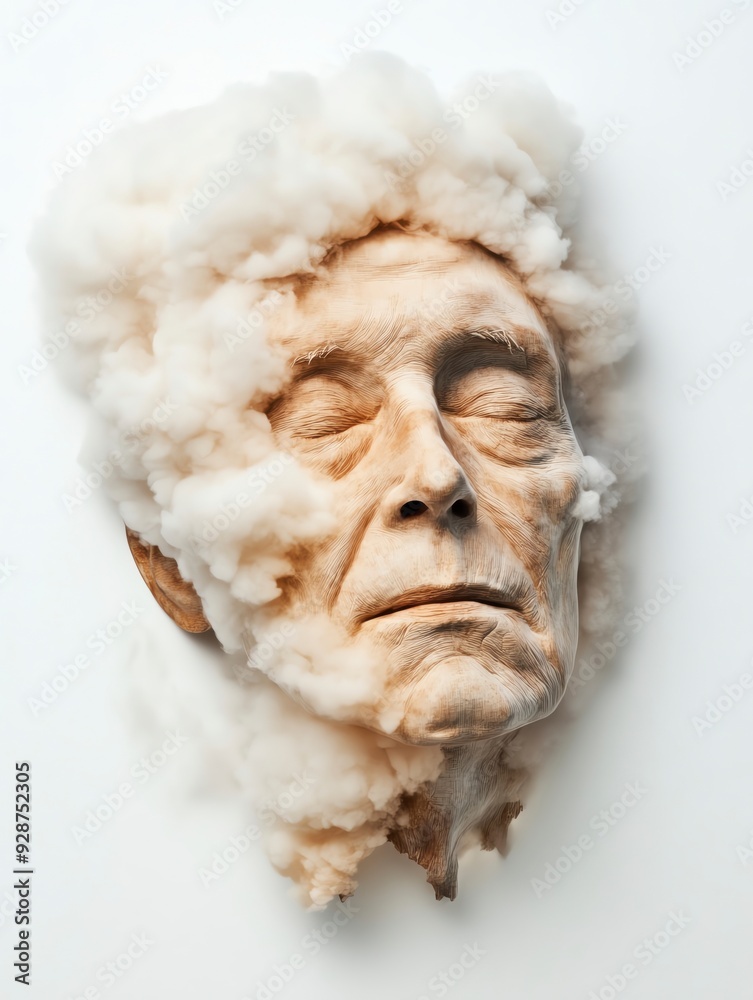 Surreal sculpture of an elderly man's face emerging from clouds ...