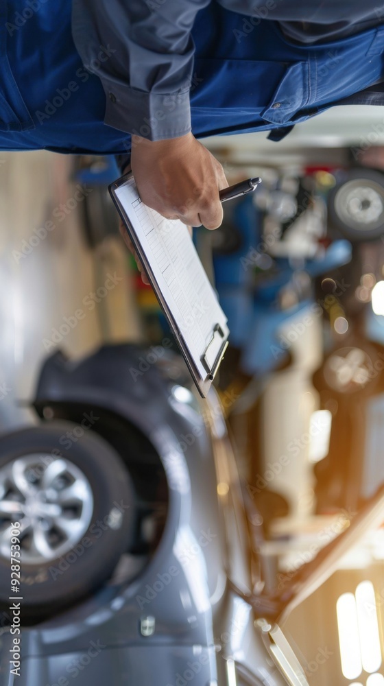 The mechanic is holding a pen and writing on his clipboard while taking ...