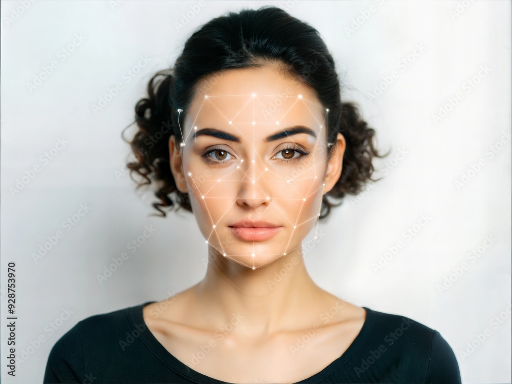 Facial Recognition Technology: A young woman with curly hair looks ...