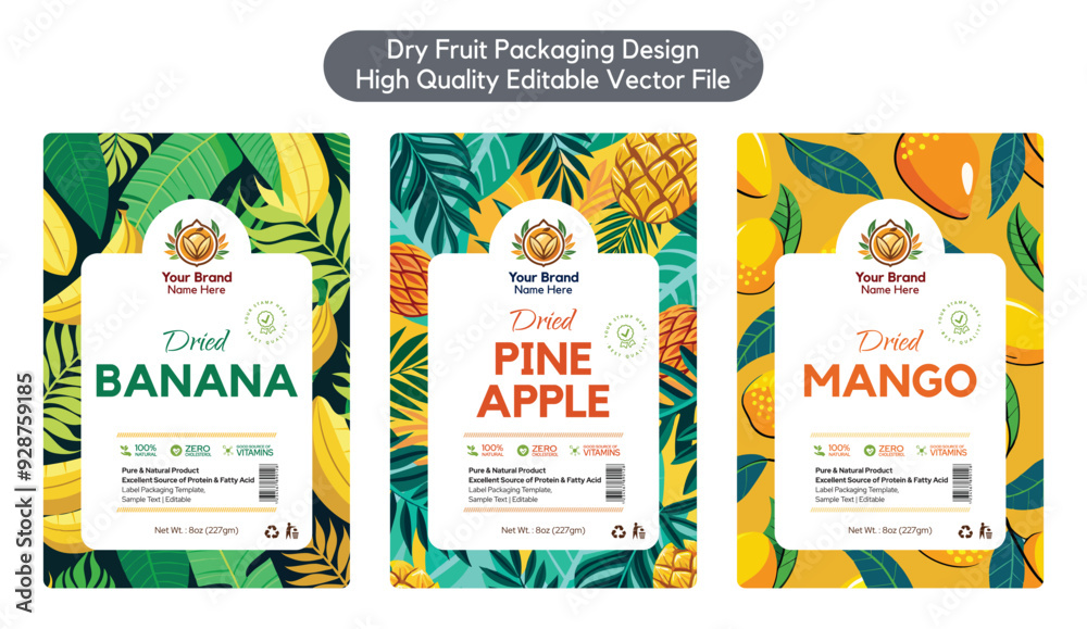 Dry fruit label design, Dried Banana label Pineapple Dried Mango label ...