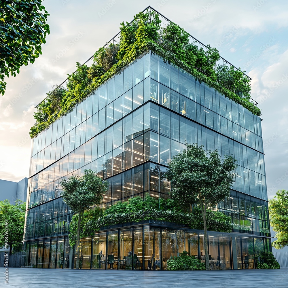 Sustainble green building. Eco-friendly building. Sustainable glass ...