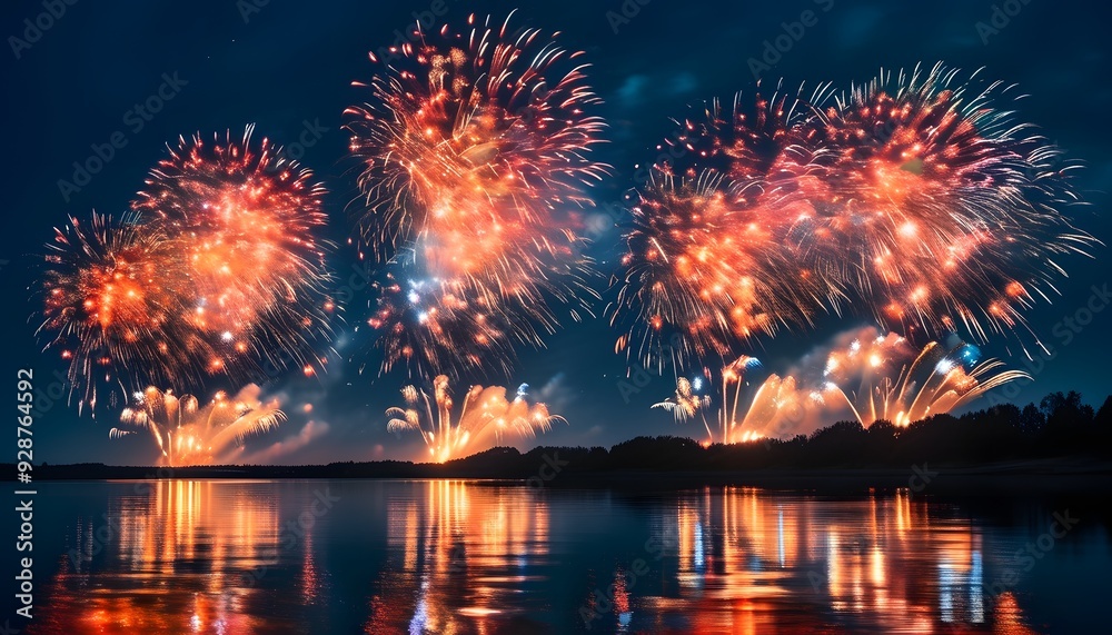 Gorgeous fireworks bloomed in the night sky, reflecting the lake like a ...