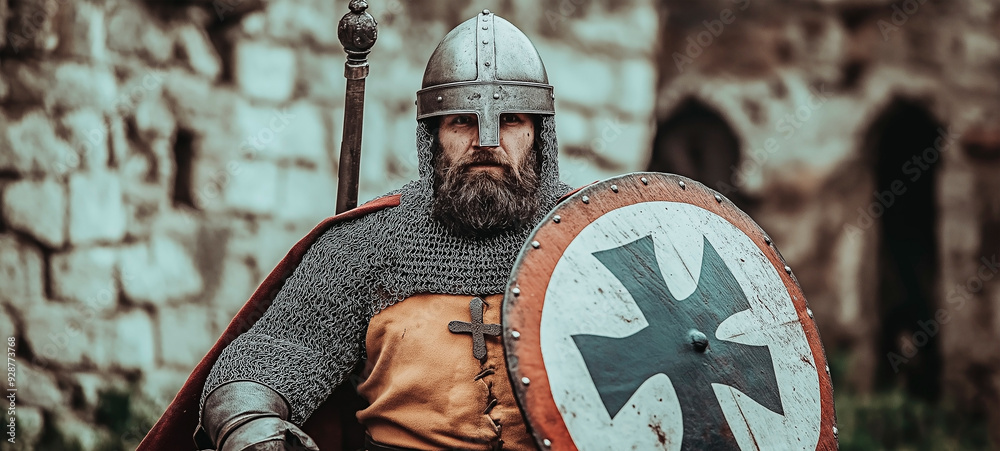 Man in medieval knight in chainmail armor with shield and mace in a ...