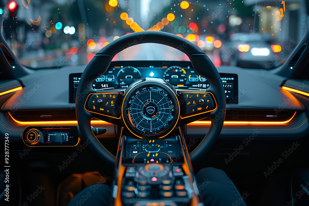 Interior view of a car showcasing the dashboard and steering wheel ...