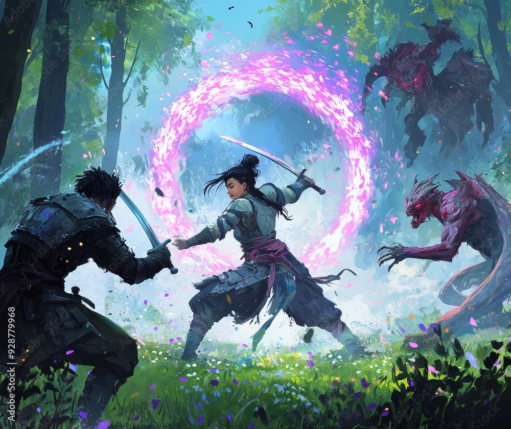 Girl warrior fighting with magic lights killing enemies in fantasy ...