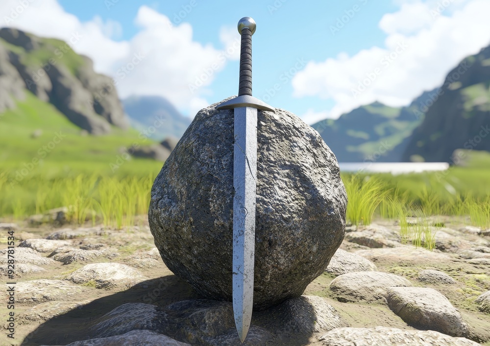 This 3D mixed media background features an ancient and mythical sword ...