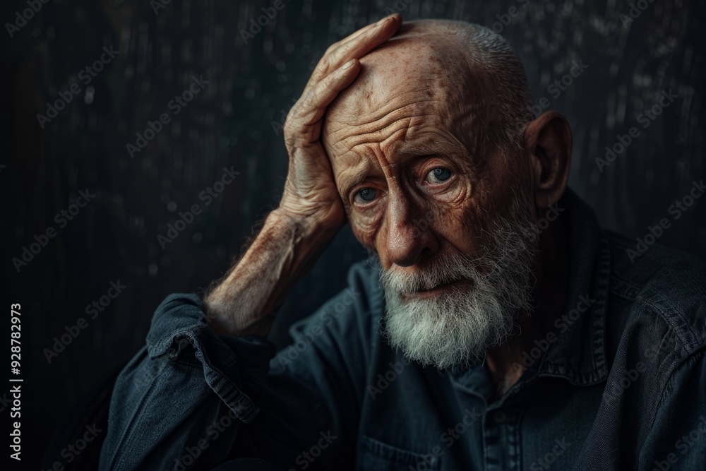 Elderly man with a thoughtful expression holding his head. Emotional ...