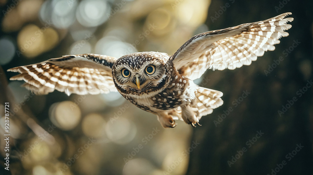 Flying little owl in mid-flight with wings fully spread, sharp-eyed owl ...