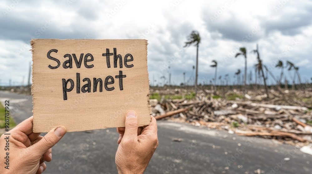 Hands holding a wooden sign reading Save the planet in front of a ...