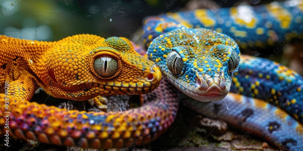 Struggle between gecko and snake Golden tree snake in a life or death ...