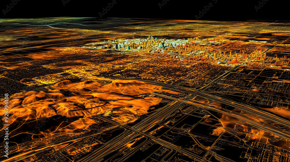 Technical aerial visual, 3D LiDAR GIS aerial map satellite scan model ...