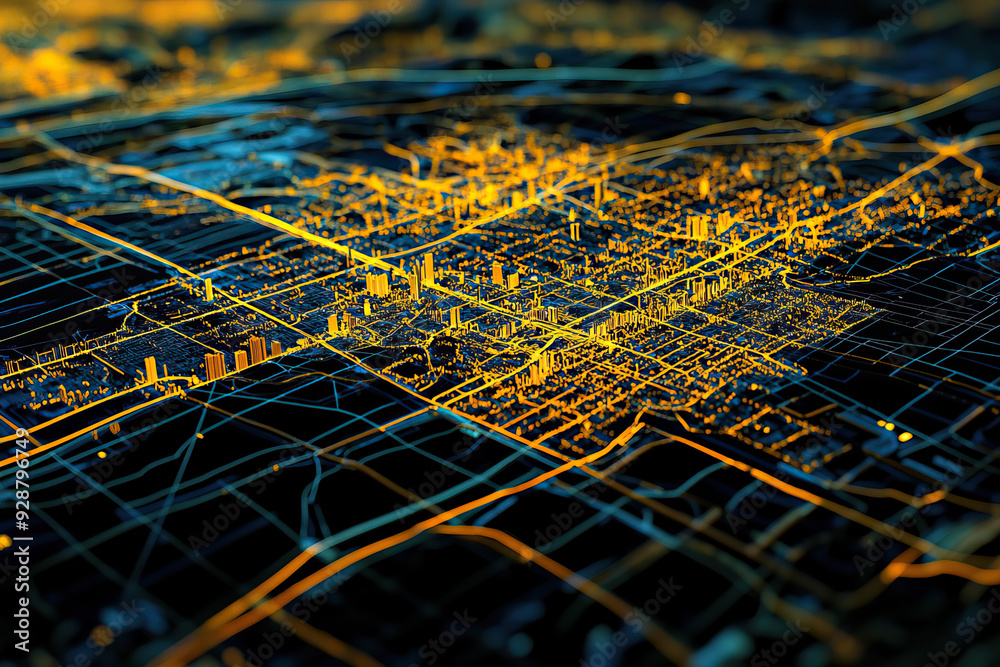 Technical aerial visual, 3D LiDAR GIS aerial map satellite scan model ...