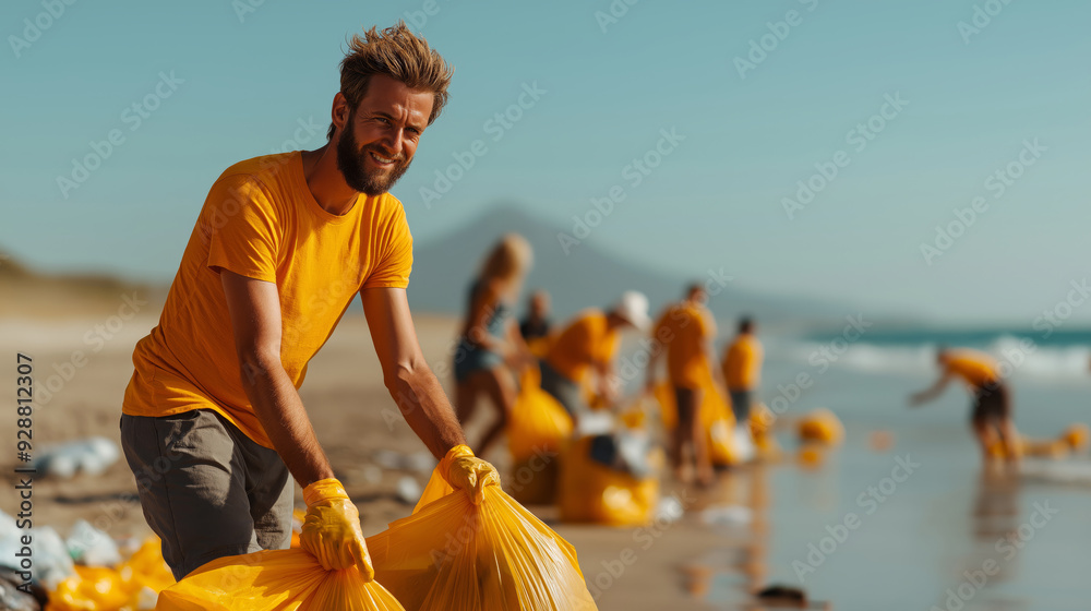 Diverse Group of Volunteers Cleaning Up a Beach, Collecting Plastic ...