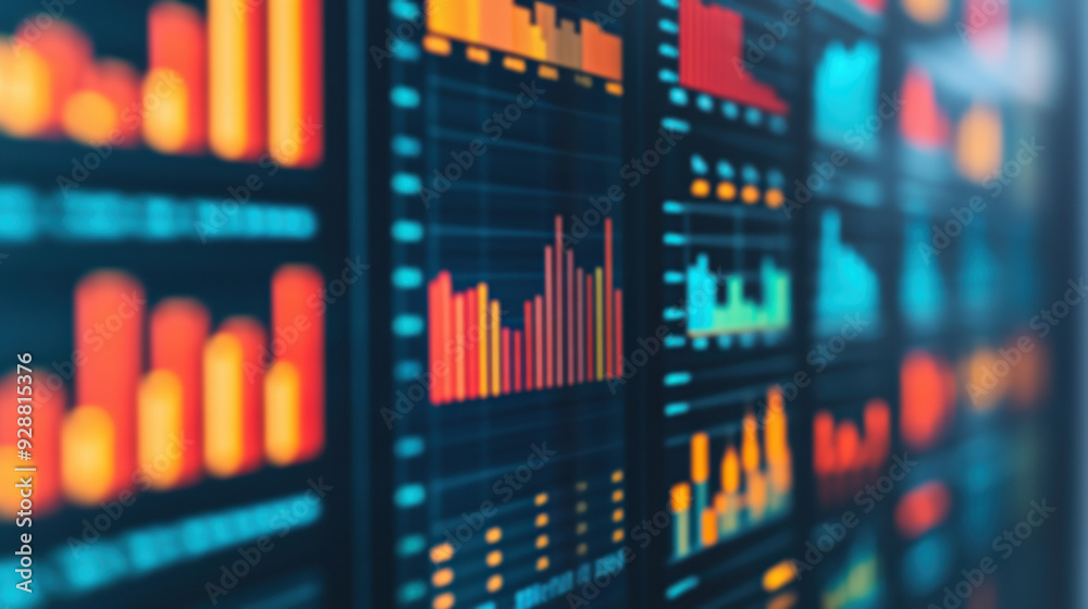Colorful data visualization on a screen displaying various charts and ...