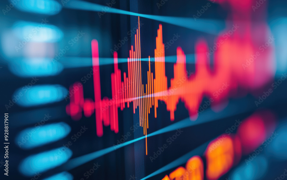 Colorful waveform visualizations on a glowing screen, representing ...