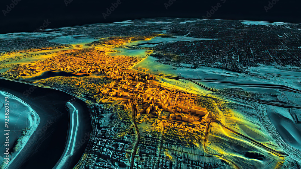 Technical aerial visual, 3D LiDAR GIS aerial map satellite scan model ...