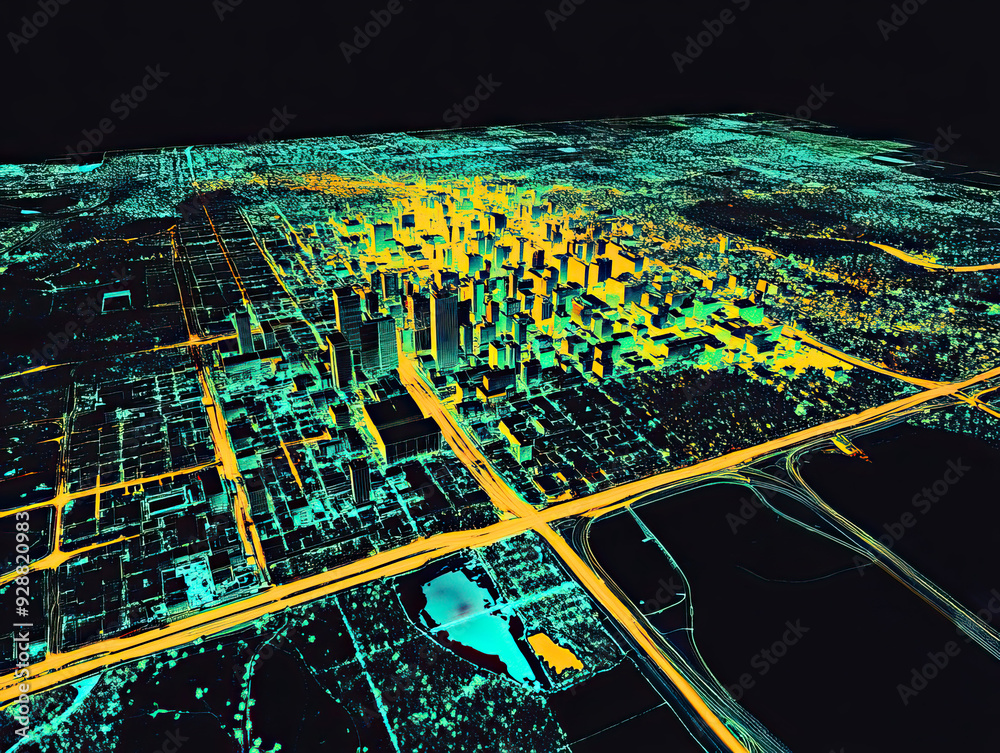Technical aerial visual, 3D LiDAR GIS aerial map satellite scan model ...