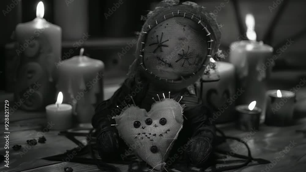 video of the concept of Voodoo Magic: A Voodoo doll adorned with ...