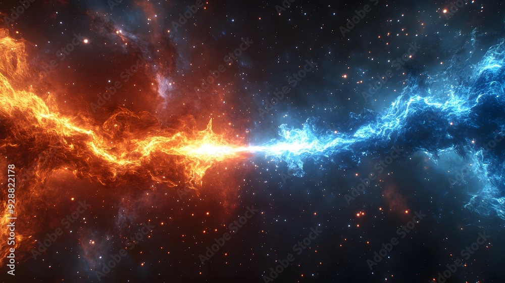 Epic cosmic battle, fire and ice collision, blue lightning vs red ...