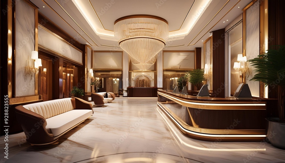 3D image of a luxurious hotel reception lobby featuring sleek ...