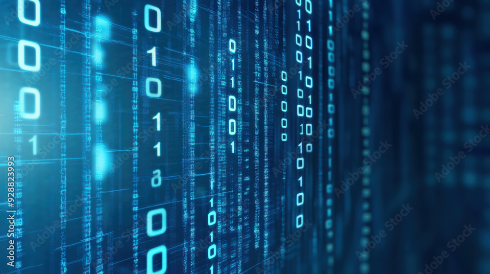 Close-up of digital code with binary numbers, illustrating data flow in ...