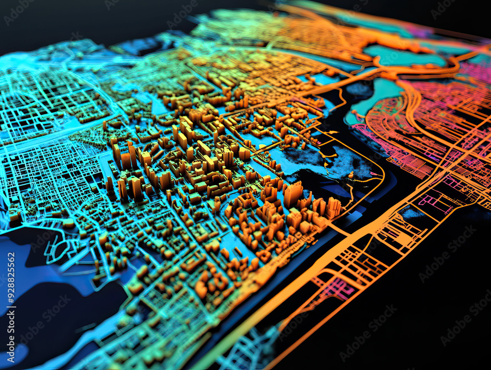 Technical aerial visual, 3D LiDAR GIS aerial map satellite scan model ...