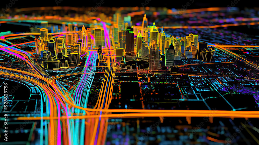 Technical aerial visual, 3D LiDAR GIS aerial map satellite scan model ...