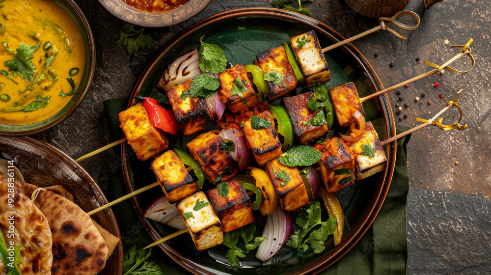 Overhead shot of Indian paneer tikka rolls with grilled paneer, onions, peppers, and mint ...