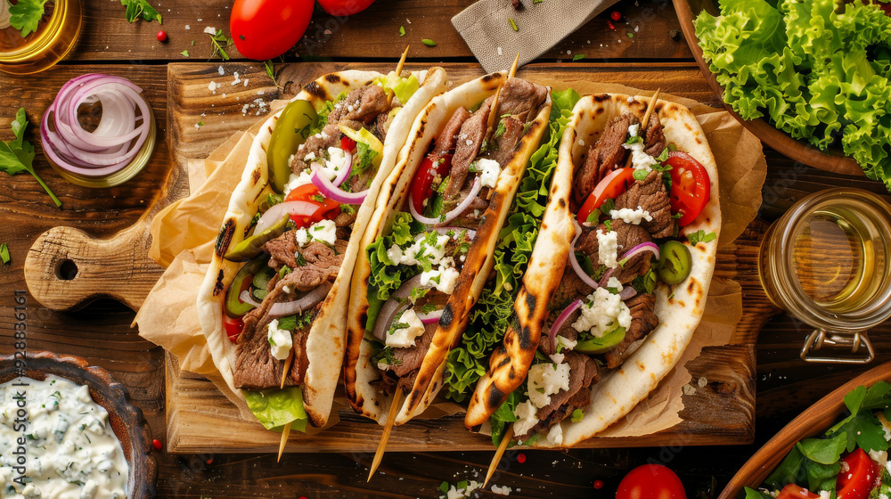 Overhead shot of Korean BBQ beef tacos with bulgogi beef, kimchi slaw ...