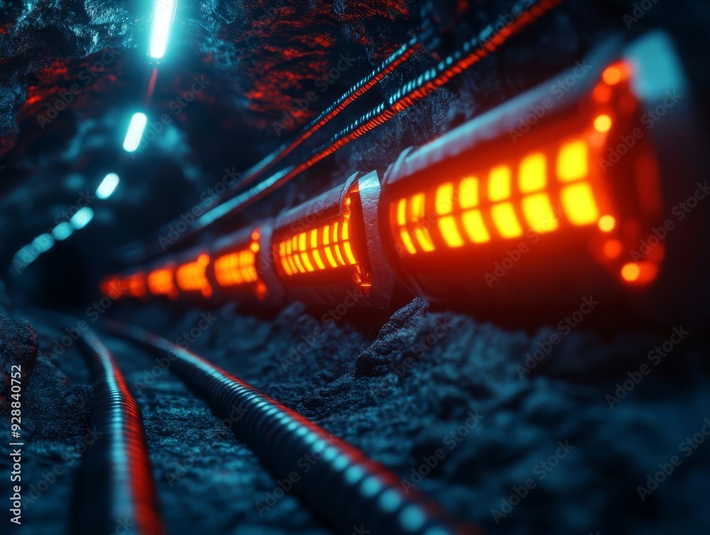 Cyberpunk-themed underground mine, glowing gemstones embedded in the ...