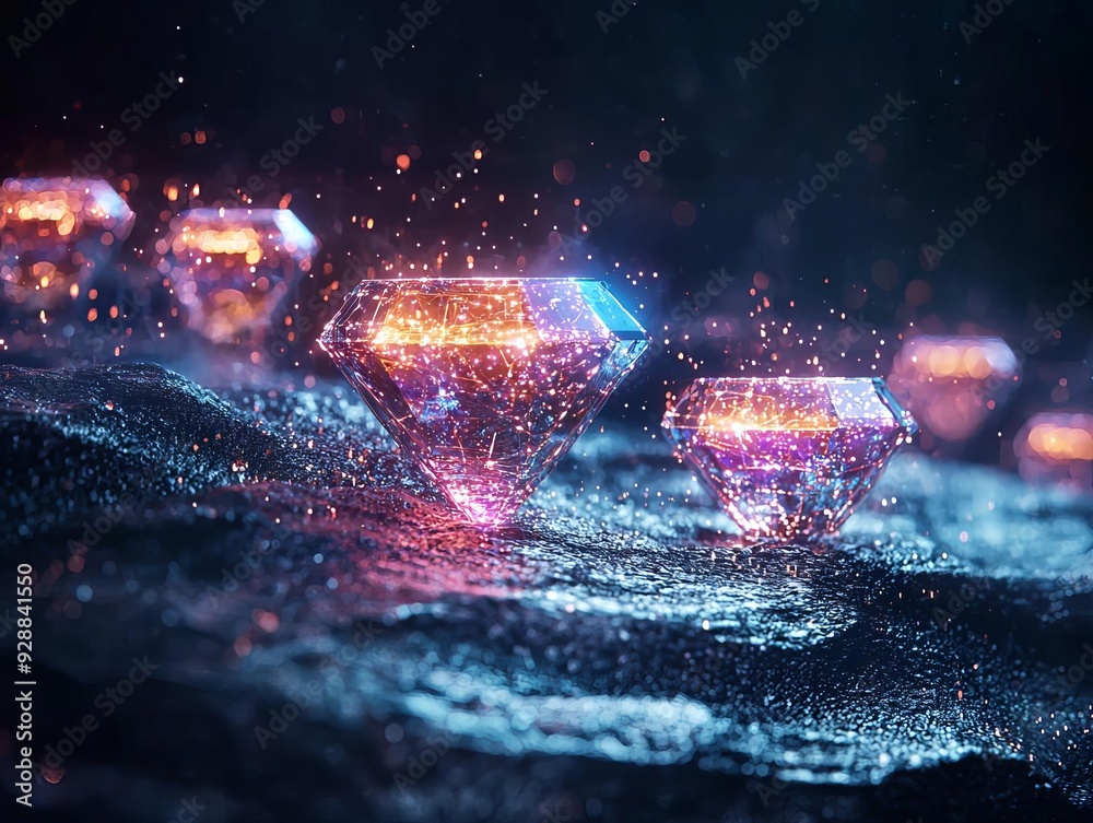 Futuristic matrix gem extraction, holographic grid overlay, radiant ...
