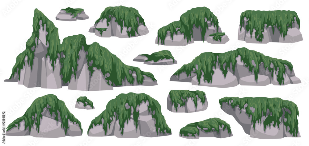 Stones overgrown with moss. Cartoon rocks and green lichen, hanging and ...