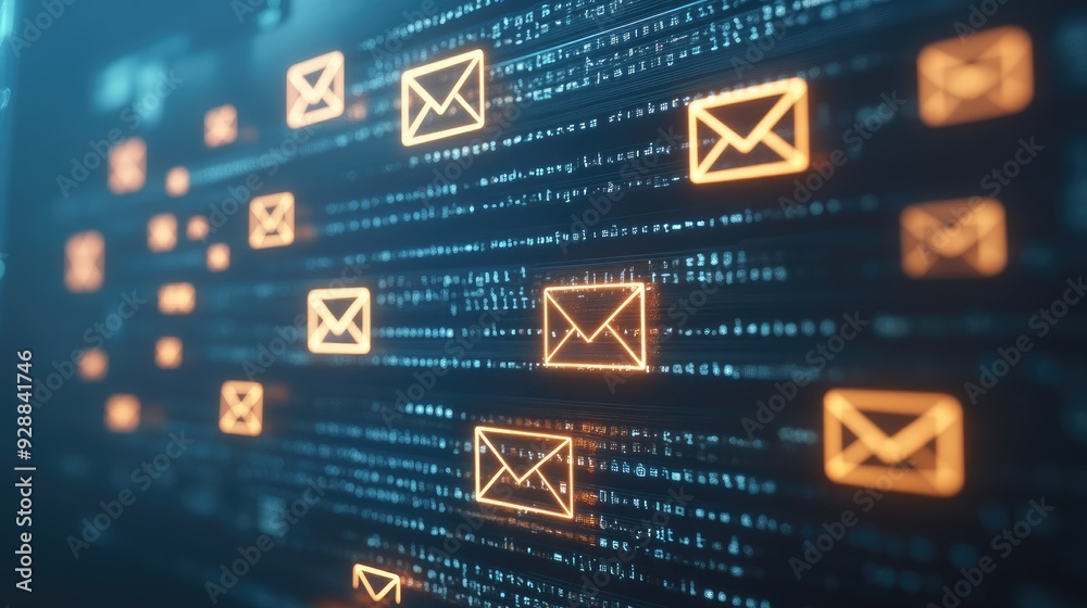 Geometric envelope icons on a minimalist laptop screen, showcasing an ...