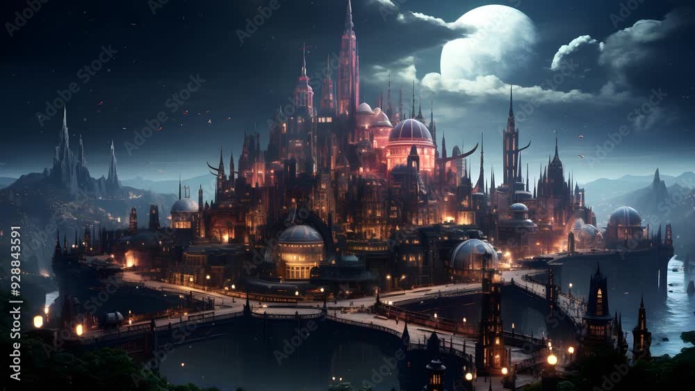 A breathtaking view of a fantasy city lit up at night with a full moon ...