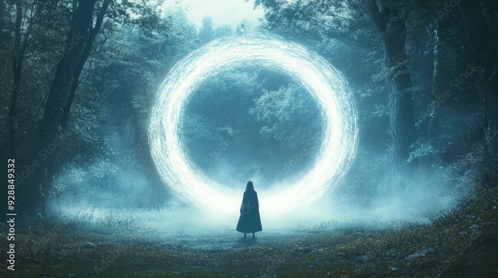 Fantasy scene of a woman approaching a large, mysterious circle of ...