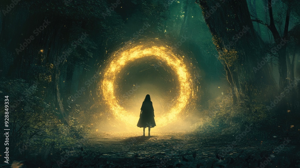 Fantasy scene of a woman approaching a large, mysterious circle of ...