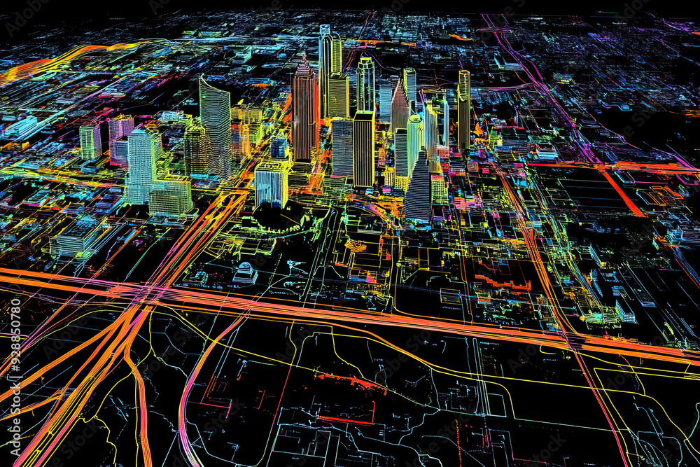 Technical aerial visual, 3D LiDAR GIS aerial map satellite scan model ...