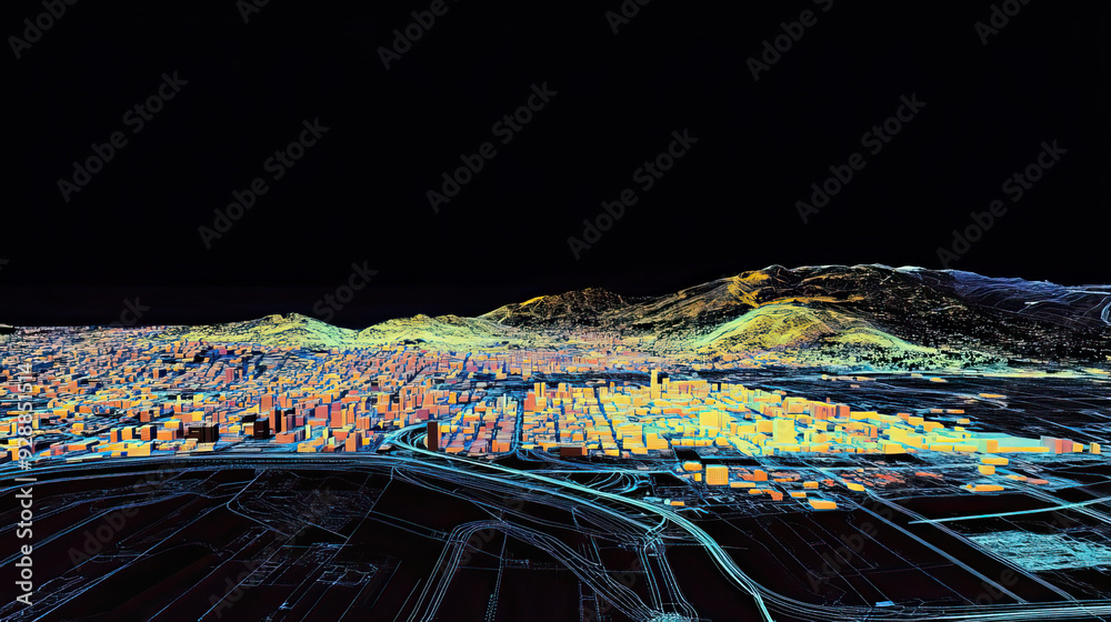 Technical aerial visual, 3D LiDAR GIS aerial map satellite scan model ...