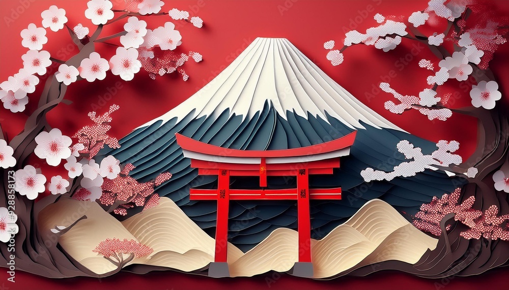 Papercraft Art of Mount Fuji with Cherry Blossoms and Red Torii Gate ...