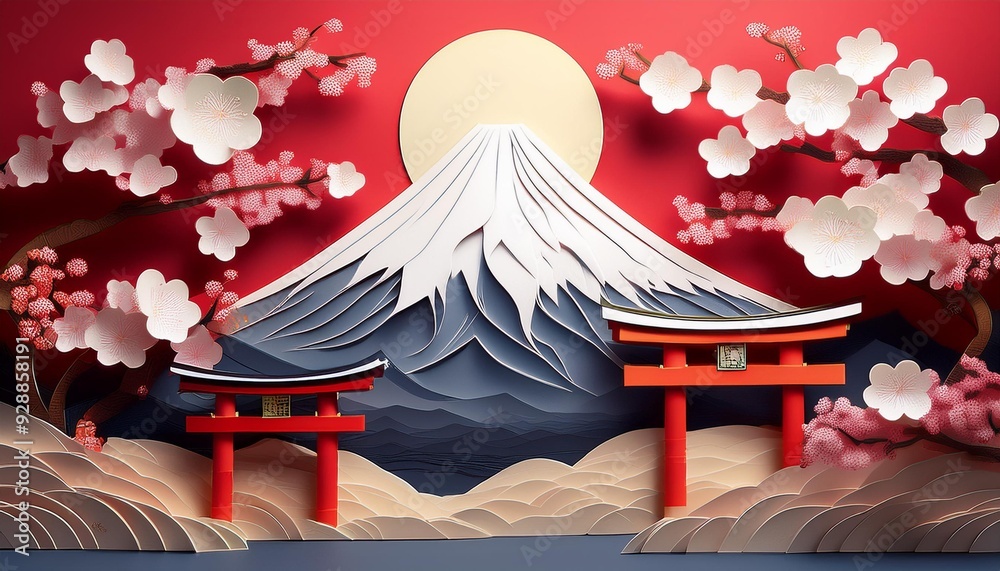 Papercraft Art of Mount Fuji with Cherry Blossoms and Red Torii Gate ...