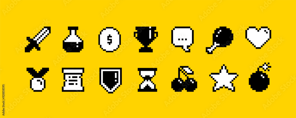 Retro 8-bit game pixel icons of loot items collection. Vector pixel ...