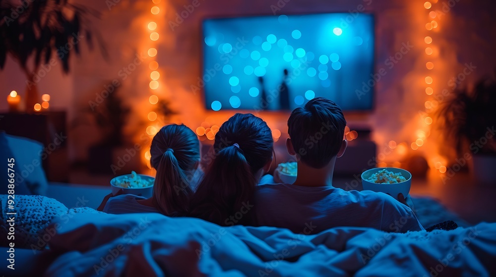 A charming movie night in a cozy living room, with a family huddled ...