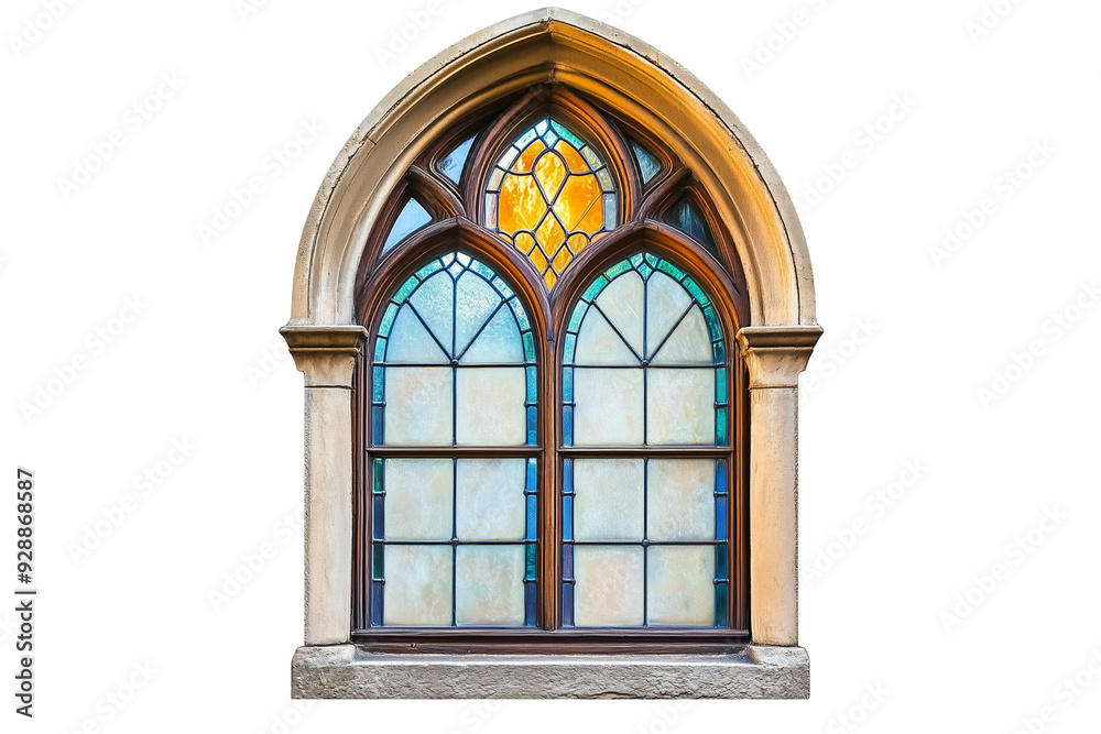 Gothic Arched Window with Stained Glass Panels - isolated on White ...
