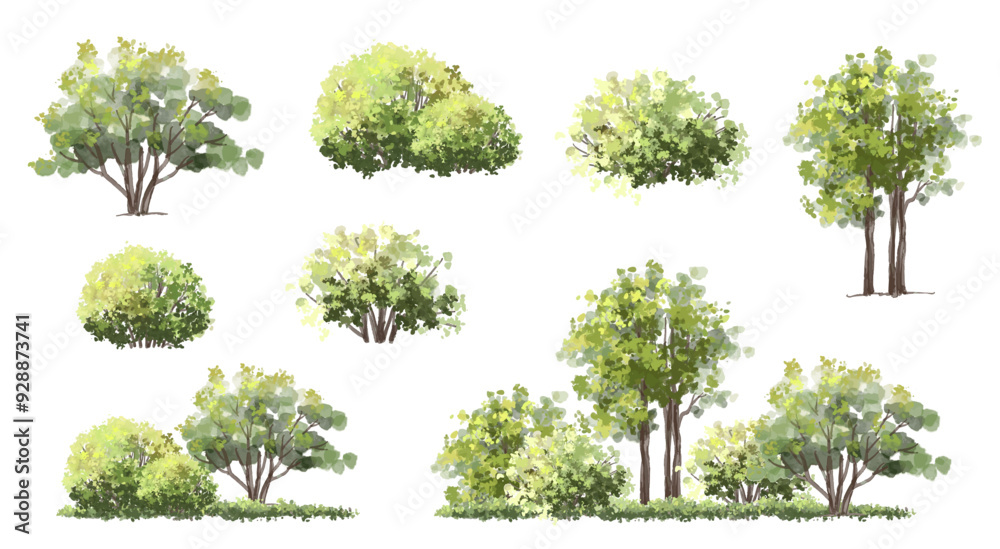 Vector watercolor green tree or forest side view isolated on white ...