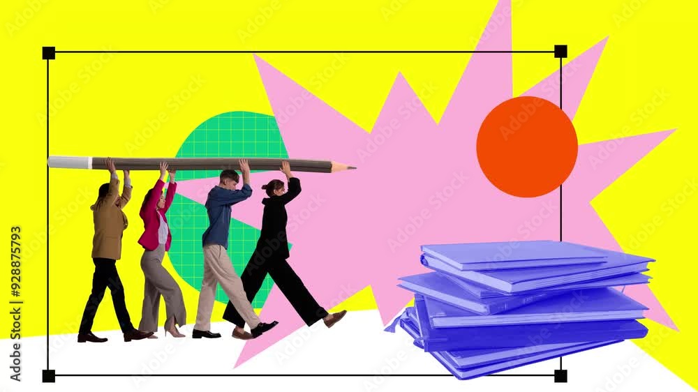 Young people, student, employees carrying giant pencil, study time ...