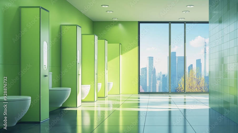 Inside the green public restroom are toilet cubicles with an open door ...