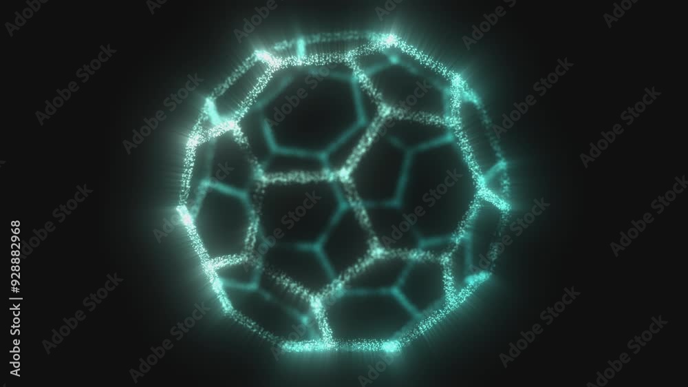Spinning abstract energy polygon with magical glowing green particles ...