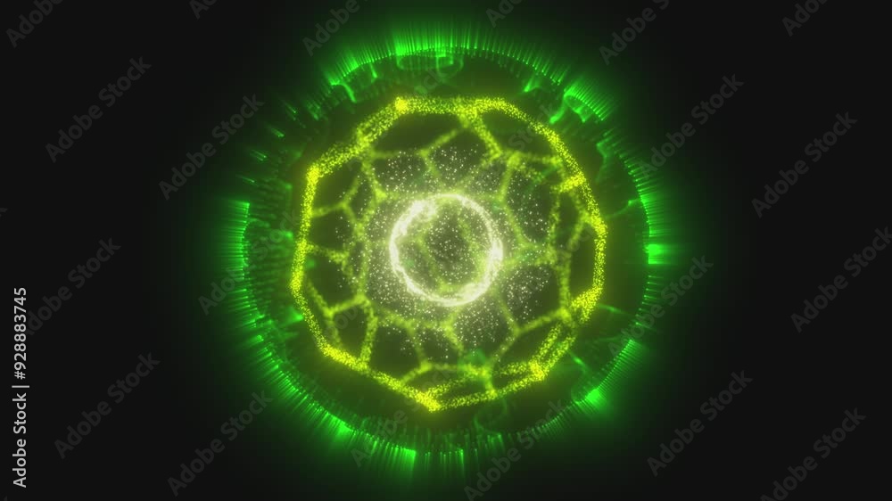 Spinning abstract energy sphere with magical glowing green particles ...
