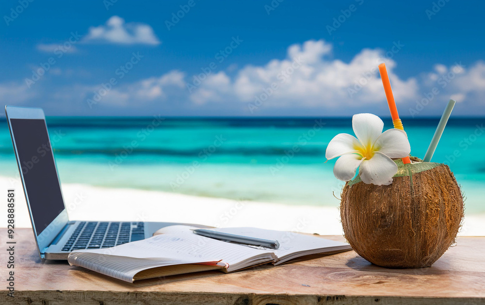 Remote work from island, Turquoise crystal sea, coconut juice and ...